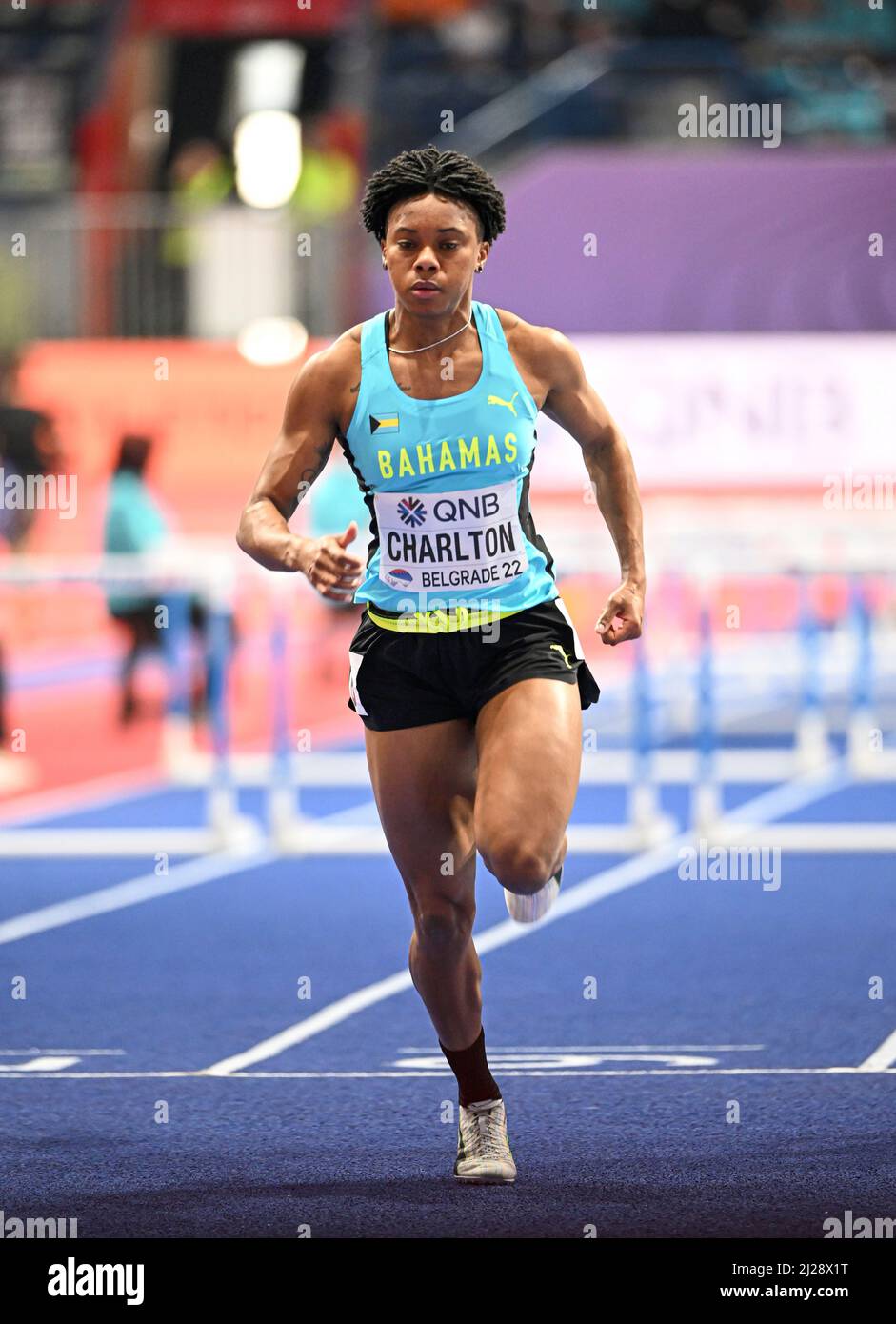 Devynne Charlton participating in the Belgrade 2022 World Indoor Championships in the 60m ...