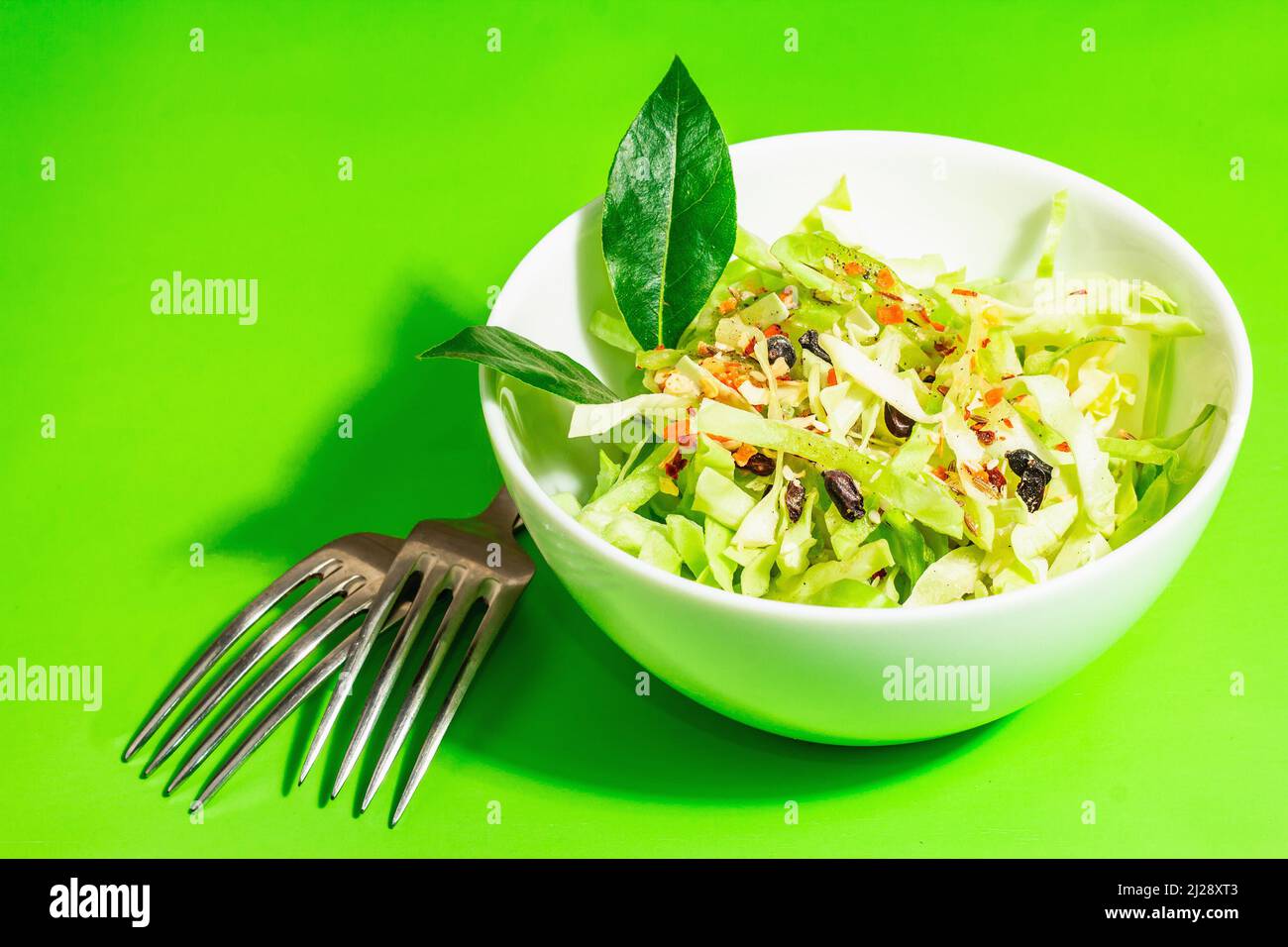Spring diet salad. Fresh vegan vitamin food. Sliced cabbage, spices ...