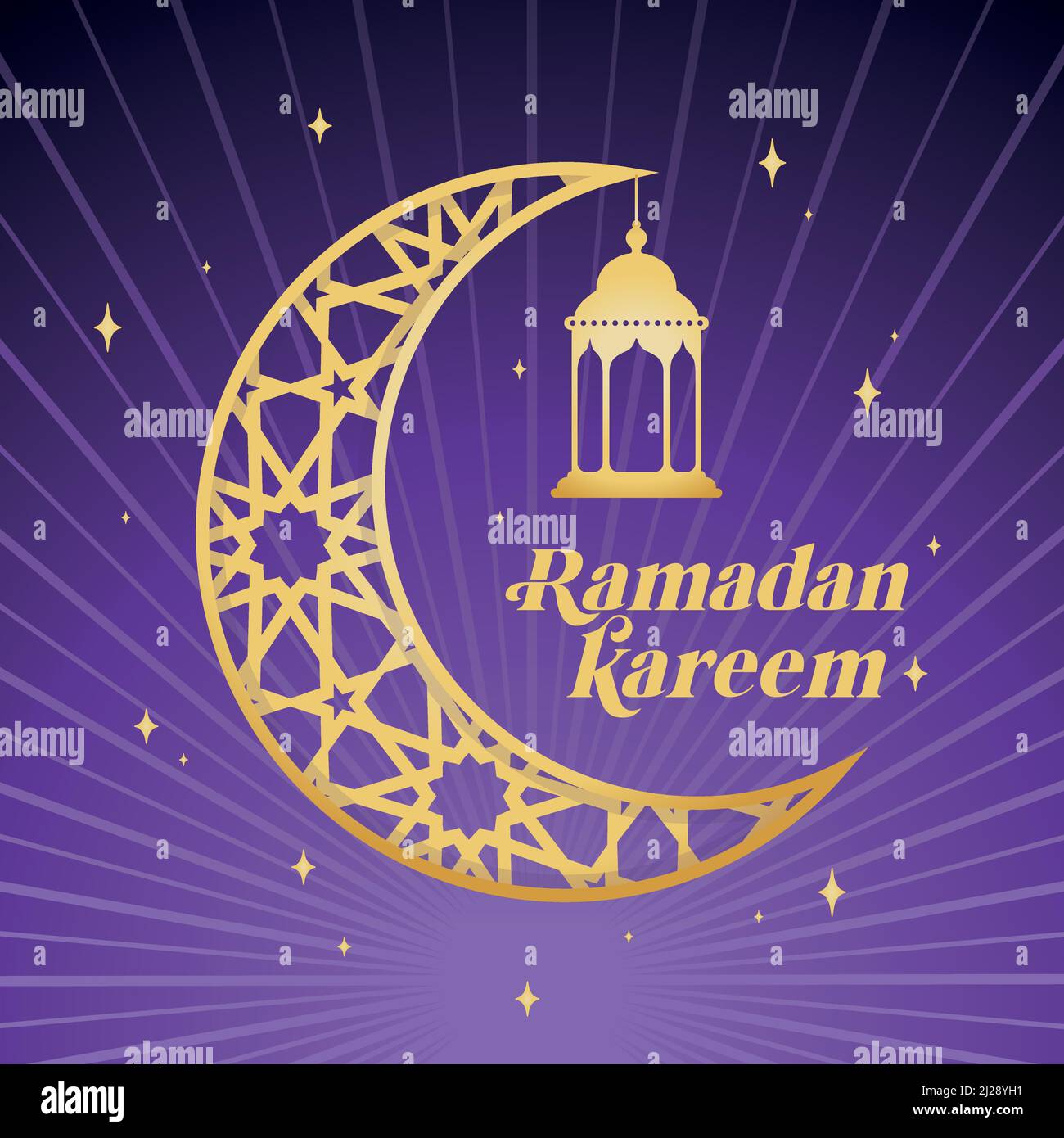 Golden crescent moon with pattern and arab lamp Ramadan Kareem Vector ...