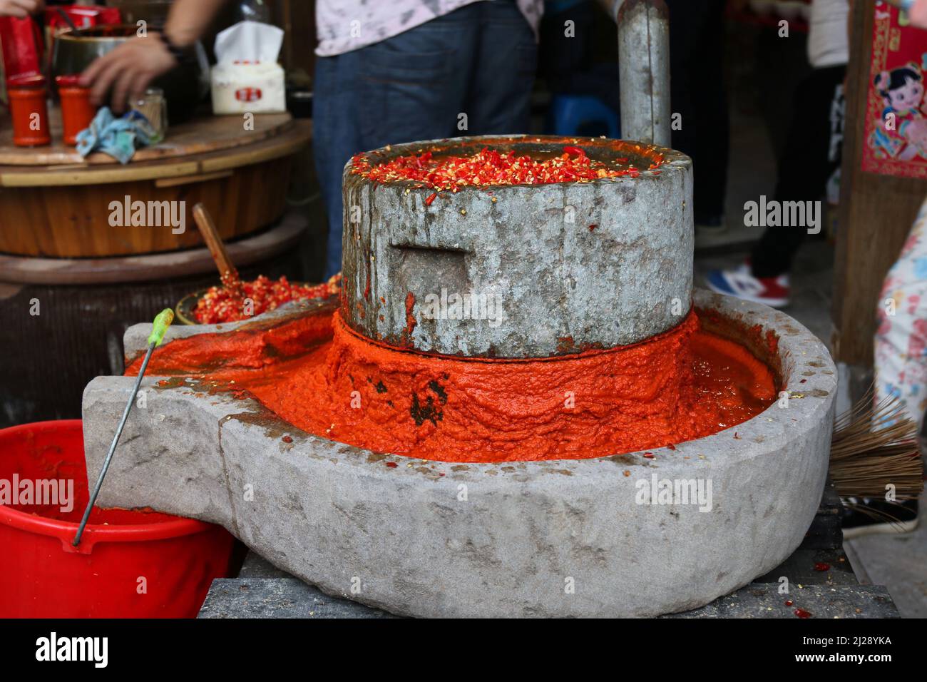 A view of artisanal production of Chiu Chow - red Chili Sauce Stock ...