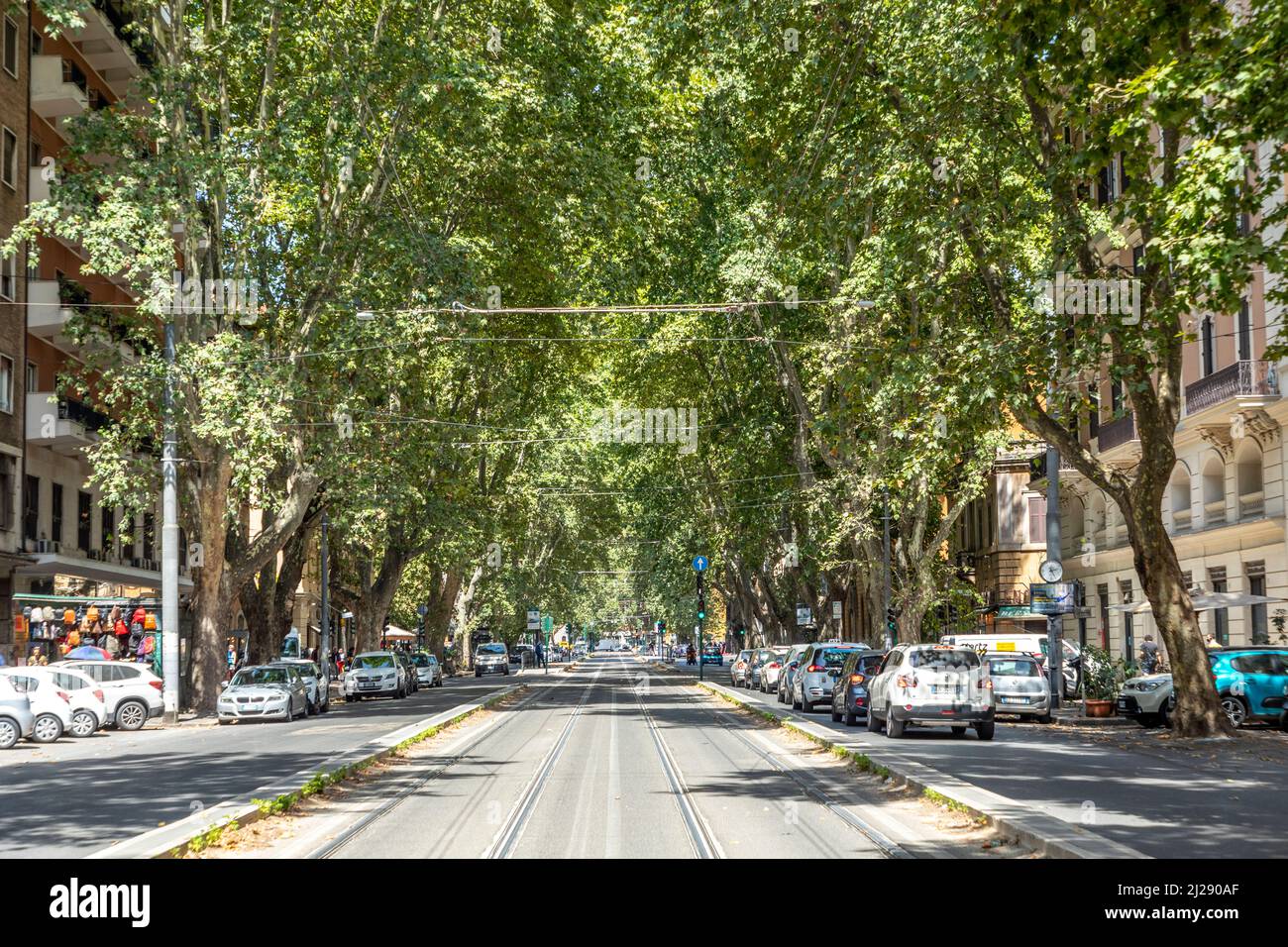 Rome, Italy - August 3, 2021: Main street in the quarter of Trastevere ...