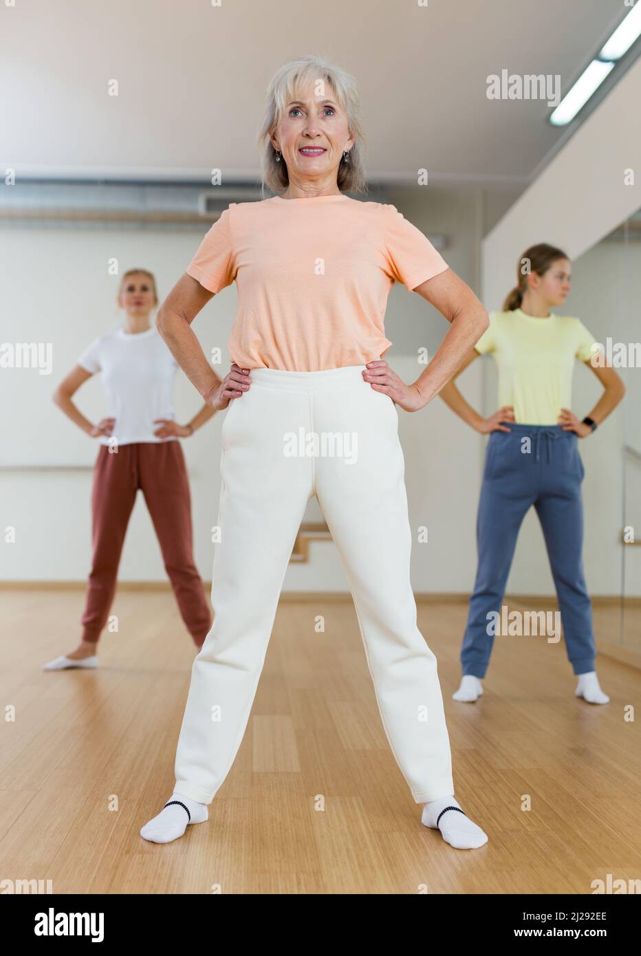 Mature woman with family learning swing steps at dance class Stock ...