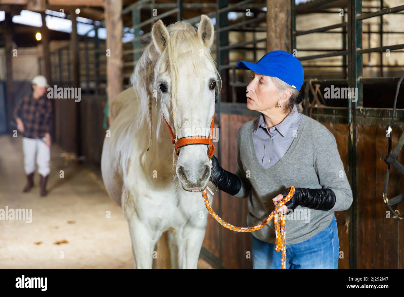 Senior woman talking to horse in barn Stock Photo - Alamy