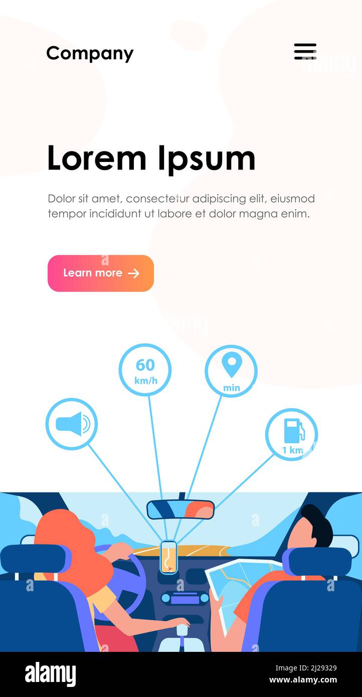 Driver and passenger navigating on road within map and mobile app. Back ...