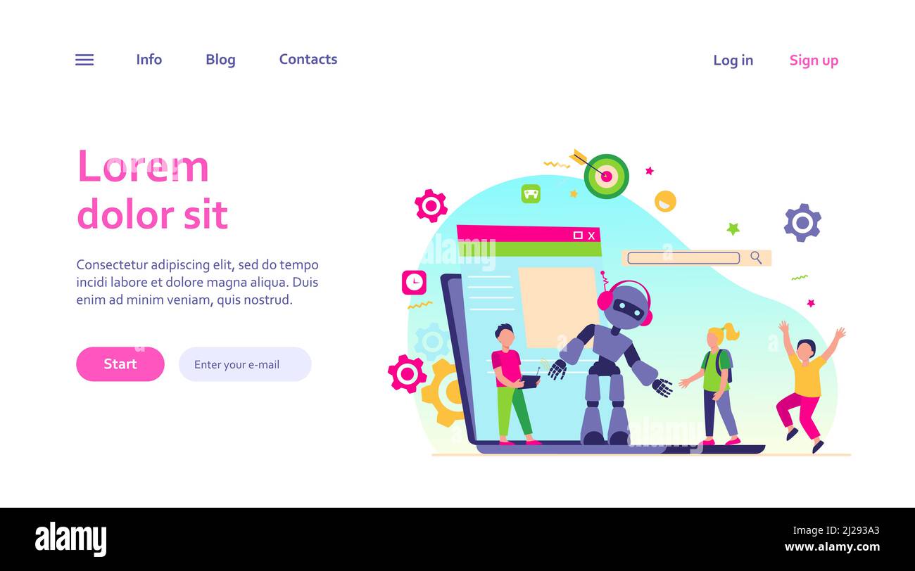 School activity and robotics class concept. Boy operating robot with ...