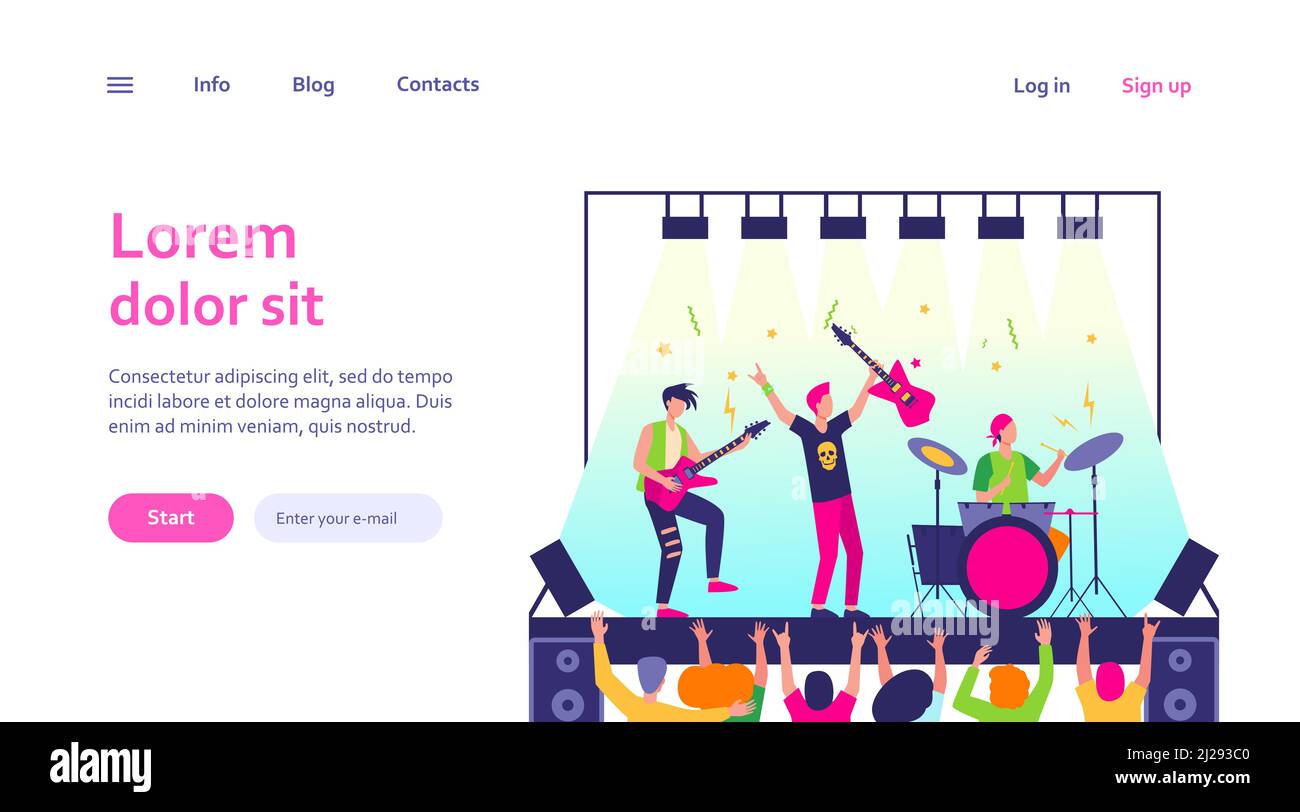 Famous rock band playing music and singing at stage flat vector ...