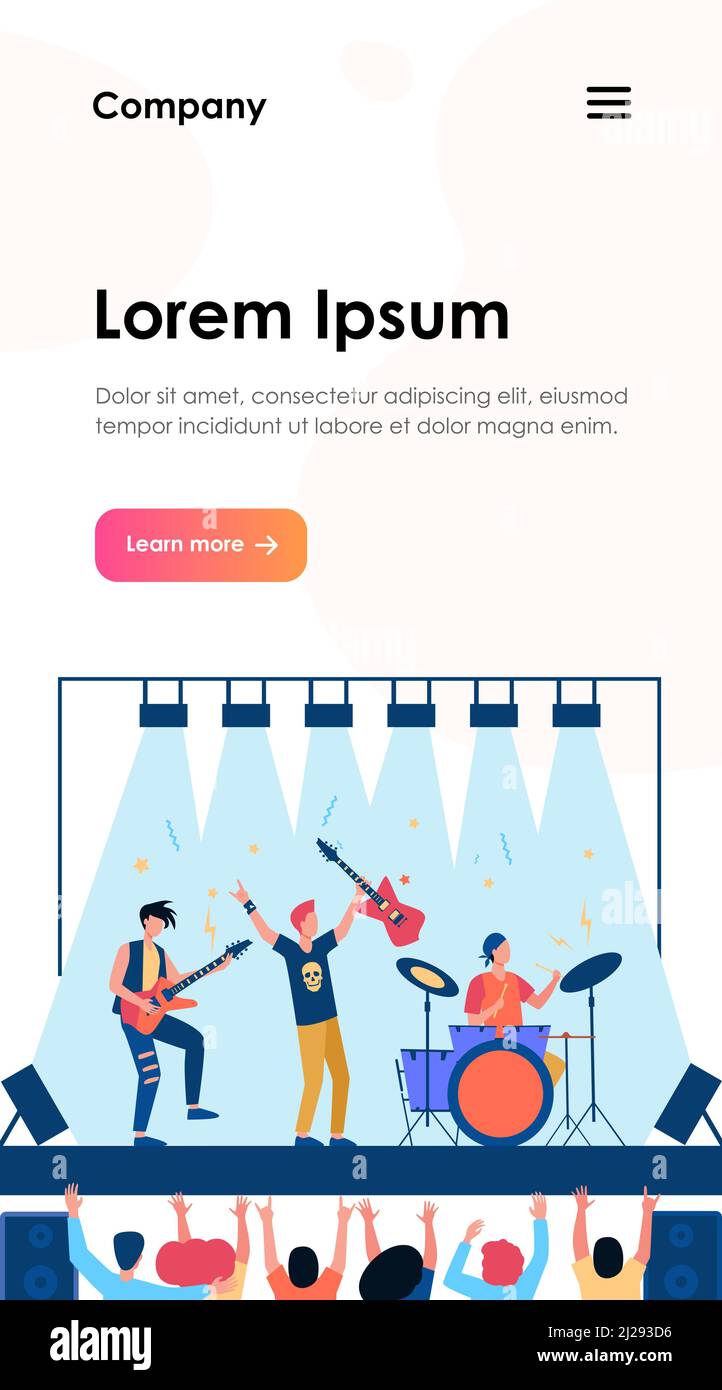 Famous rock band playing music and singing at stage flat vector ...
