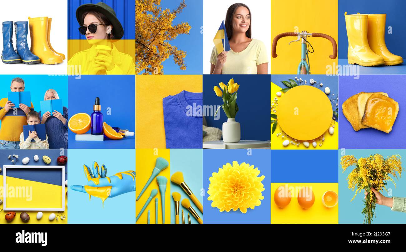 Collage in colors of Ukrainian flag Stock Photo - Alamy