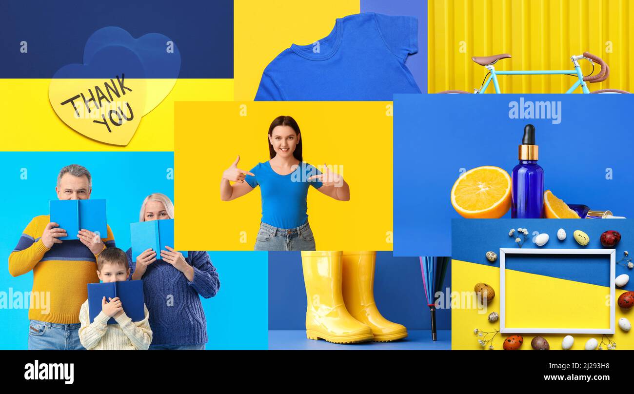 Collage in colors of Ukrainian flag Stock Photo - Alamy