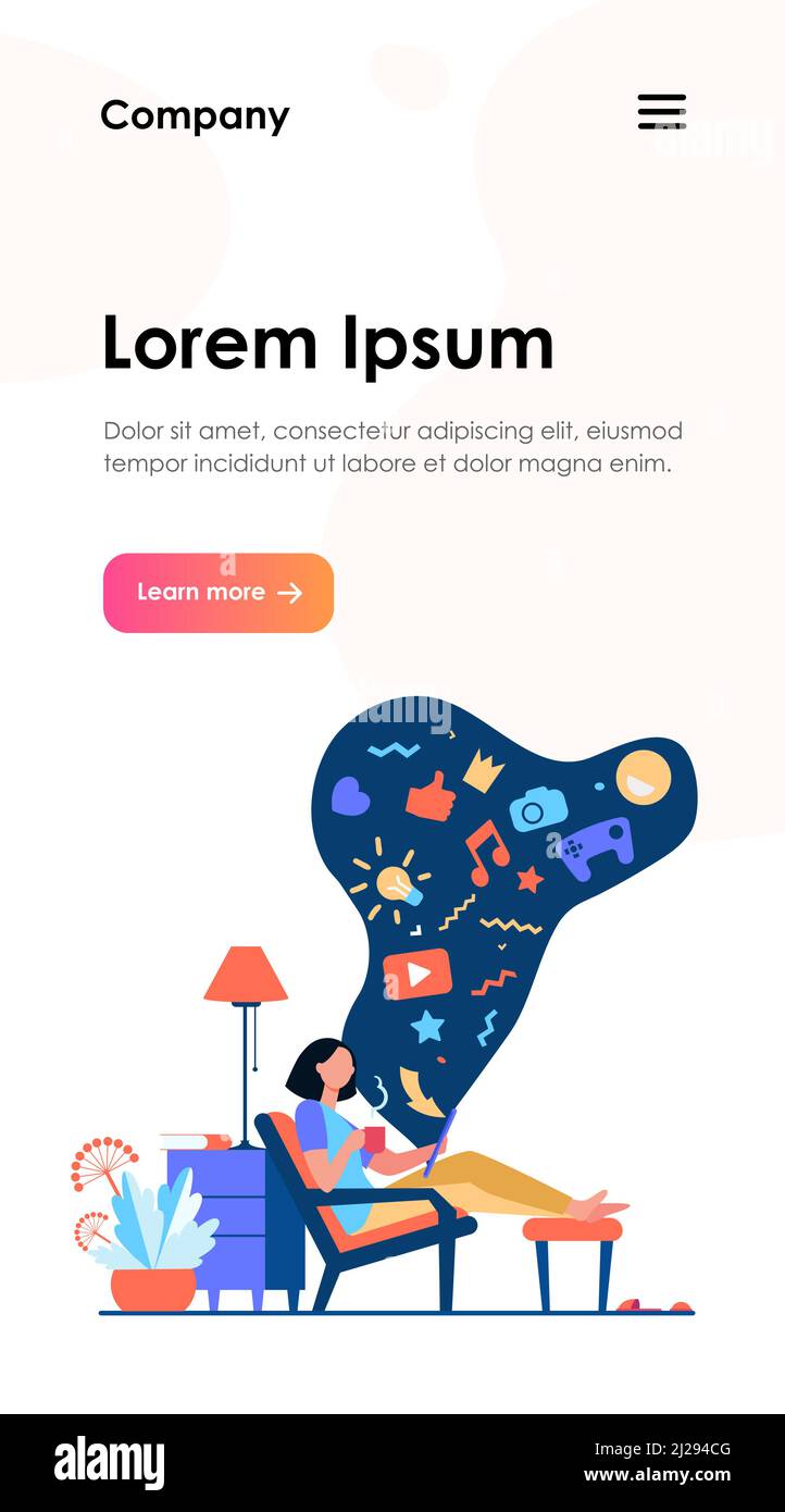 Social media addicted woman. Cartoon character relaxing at home, using ...