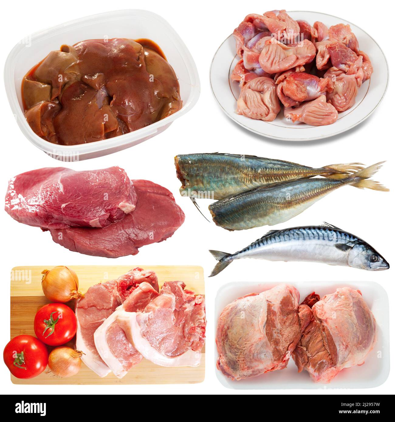 Raw meat, poultry fish isolated on white background, nobody Stock Photo ...