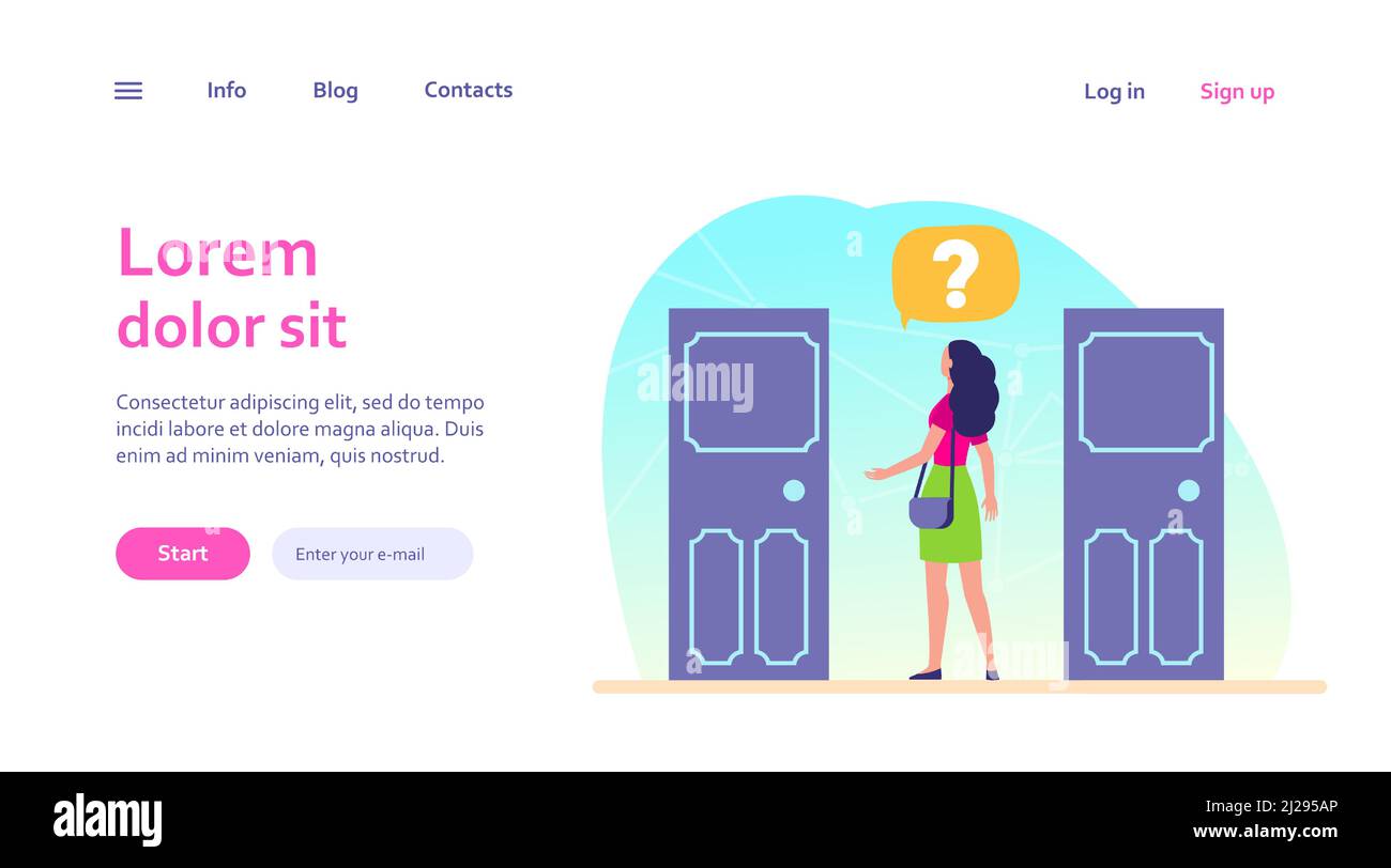 Two entrance choice. Woman with question mark choosing between two ...
