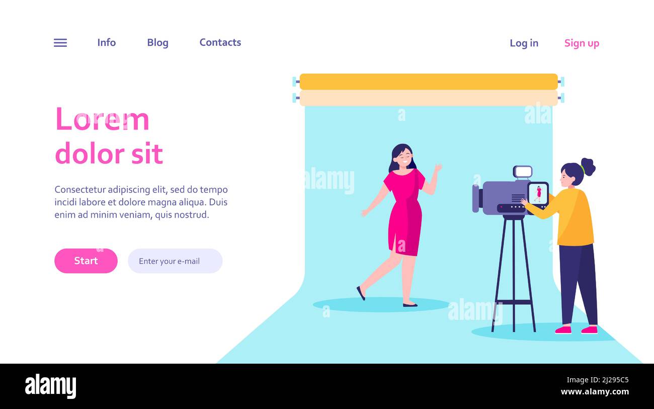 Camerawoman working with model in studio. Filming video, blue backdrop ...