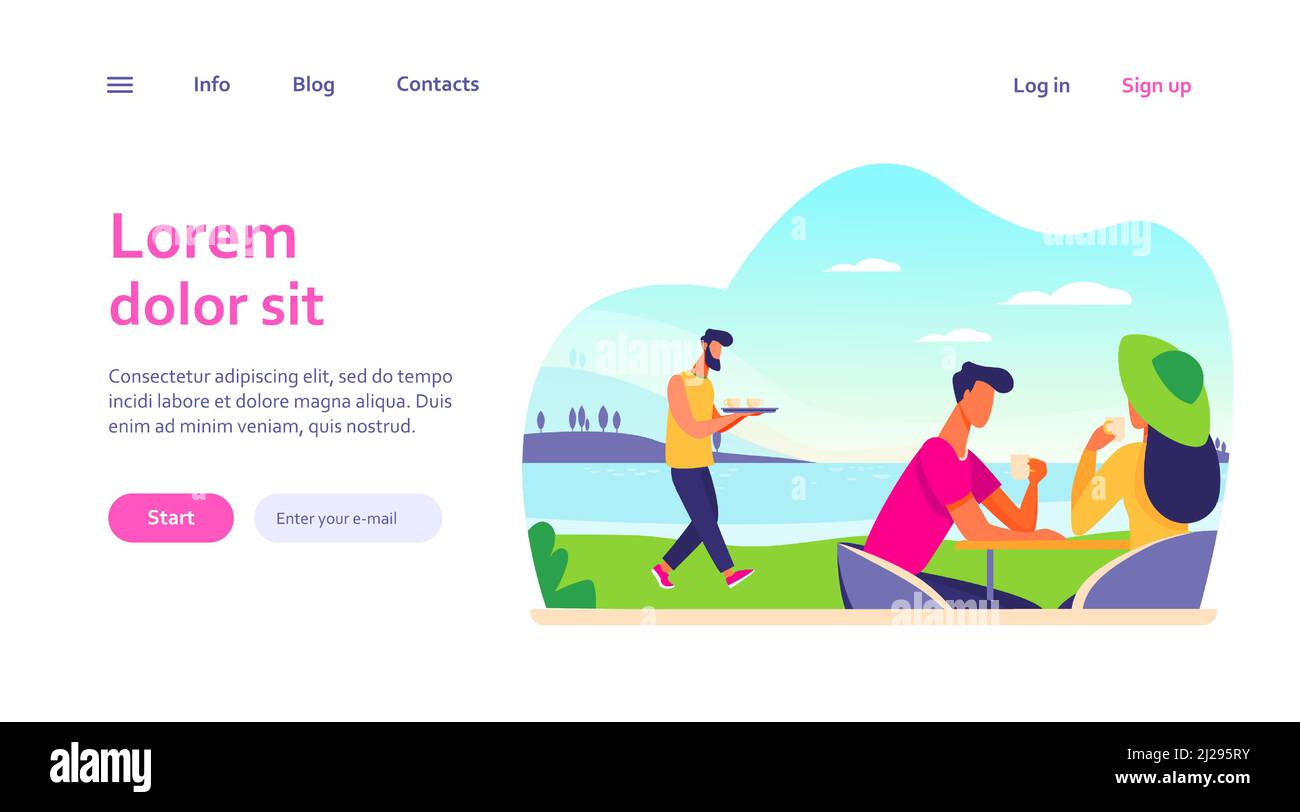 Young couple drinking coffee near lake. Date, sea, cafe, relaxing flat ...