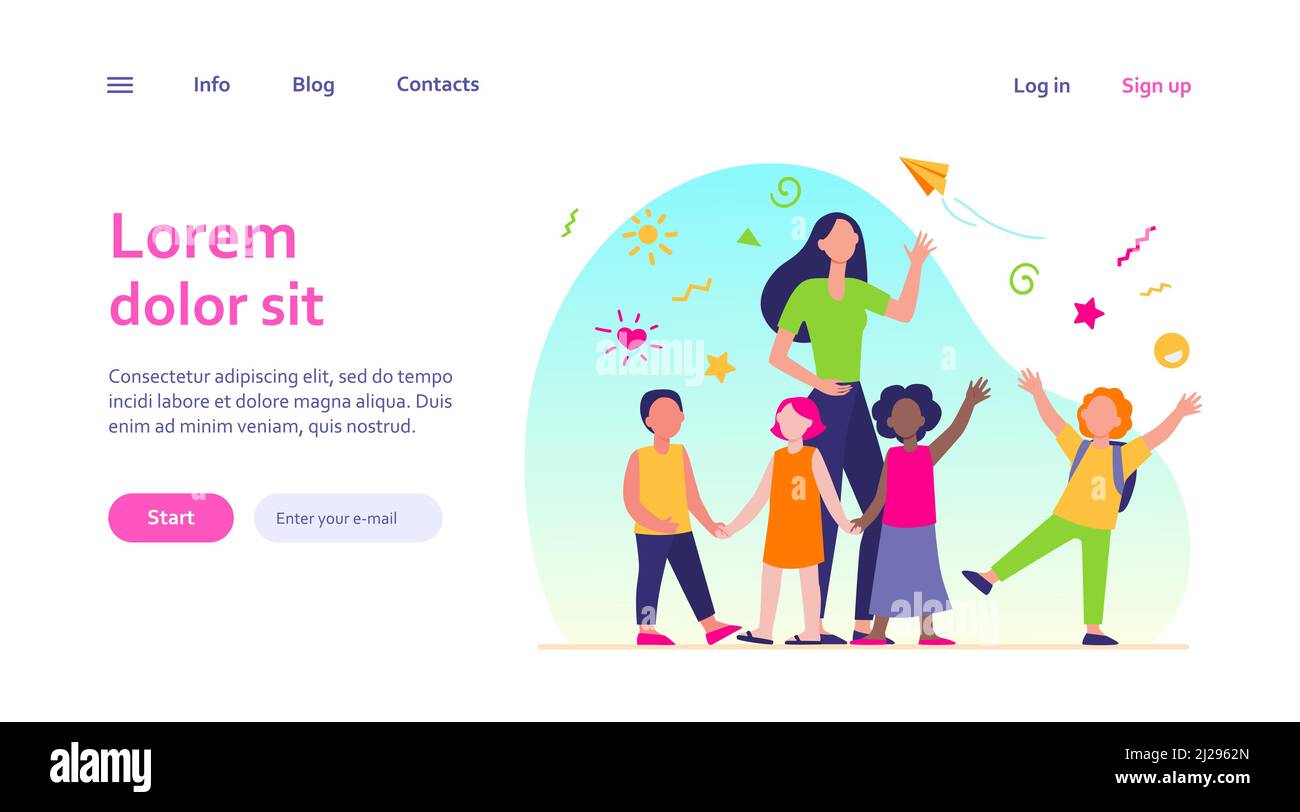 Young teacher with joyful kids isolated flat vector illustration ...