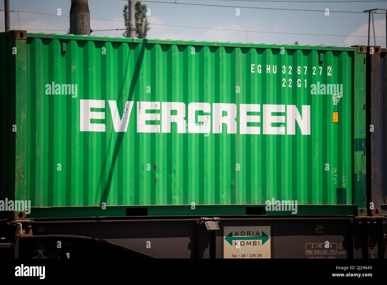 Picture of a sign with the logo of Evergreen on a container being ...