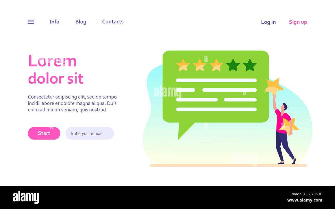 Online customer feedback. Man applying rate stars to chat bubble flat ...