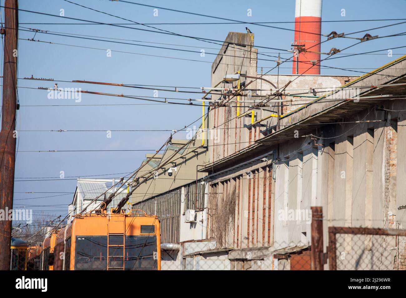 Picture of a catenary line from a trolleybus line. A trolleybus is an ...