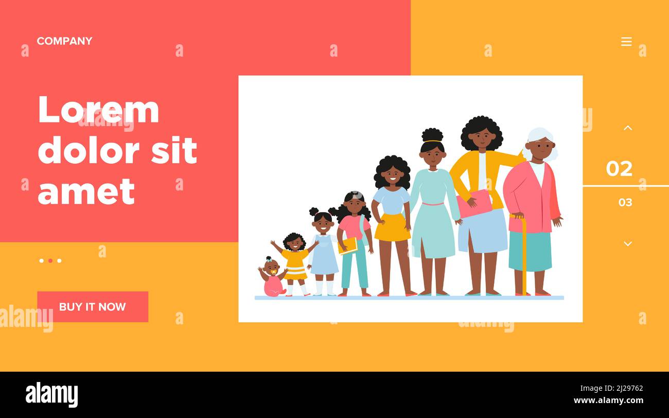 African American woman in different age. Life, youth, development flat ...