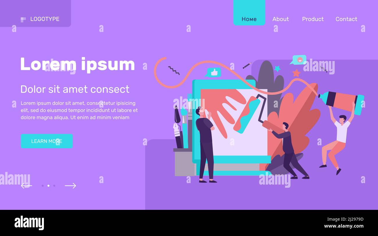 Art workshop in studio. Cartoon artists creating artworks with rollers ...