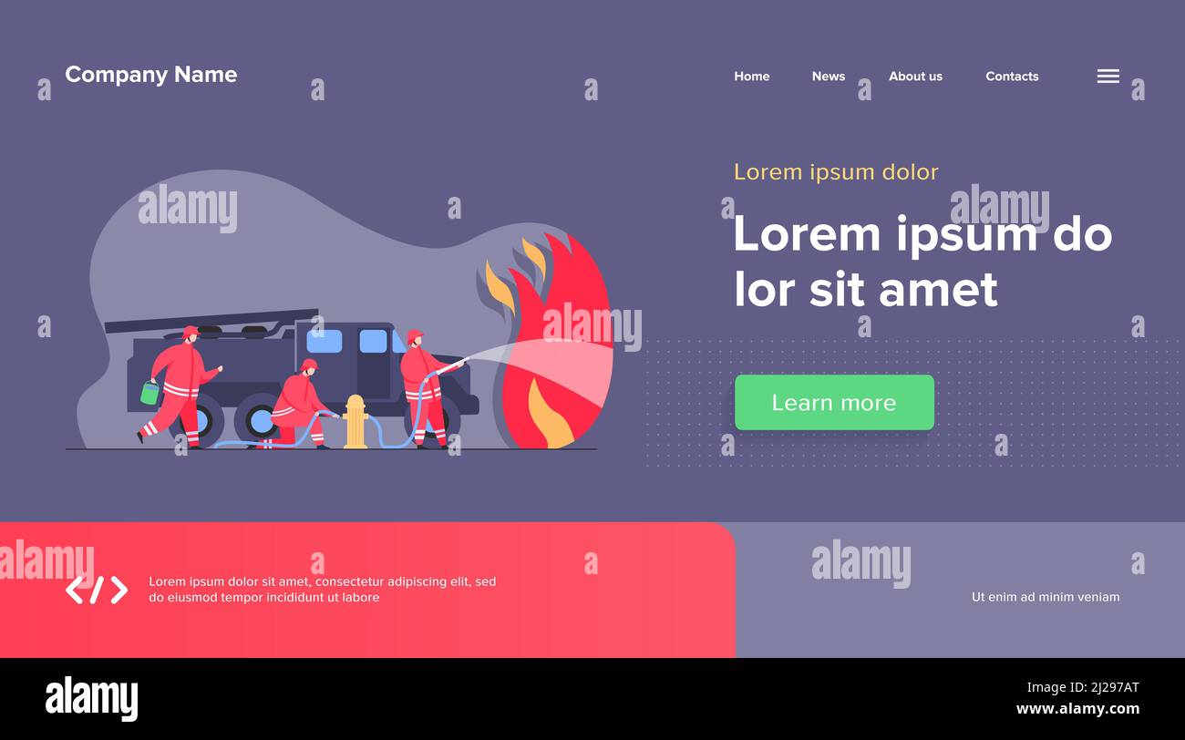 Brave firefighters firefighting with flame flat vector illustration ...