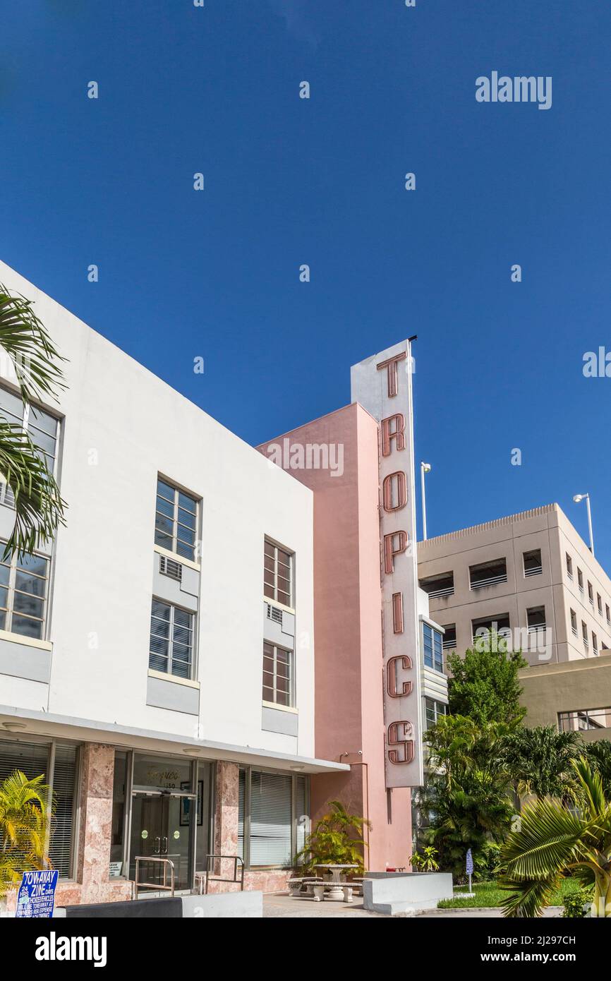 Mimi Beach, USA - August 5, 2013: facade of the Tropics Hotel, an old ...