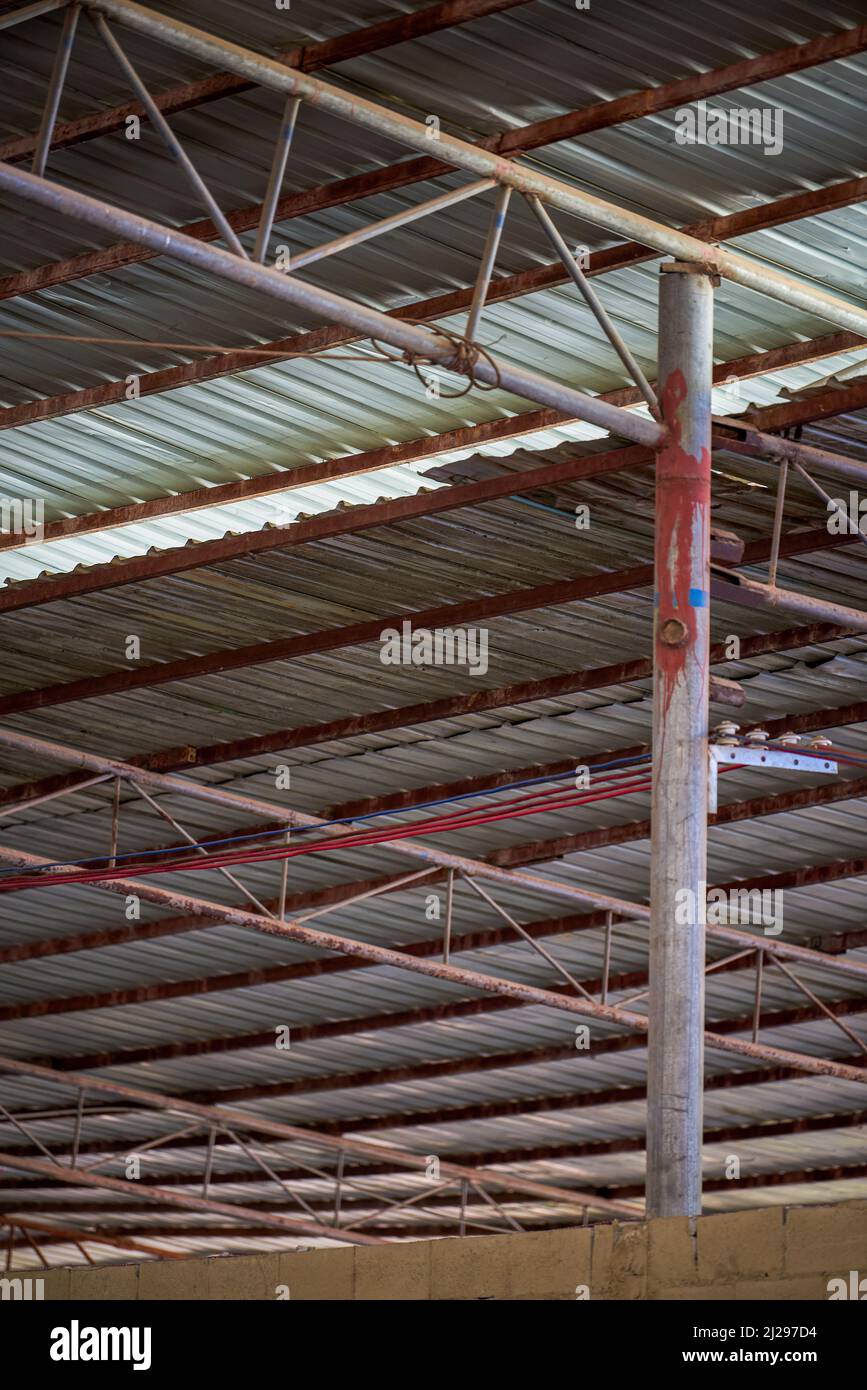 Close-up of large warehouse ceiling with metal structure roof Stock ...