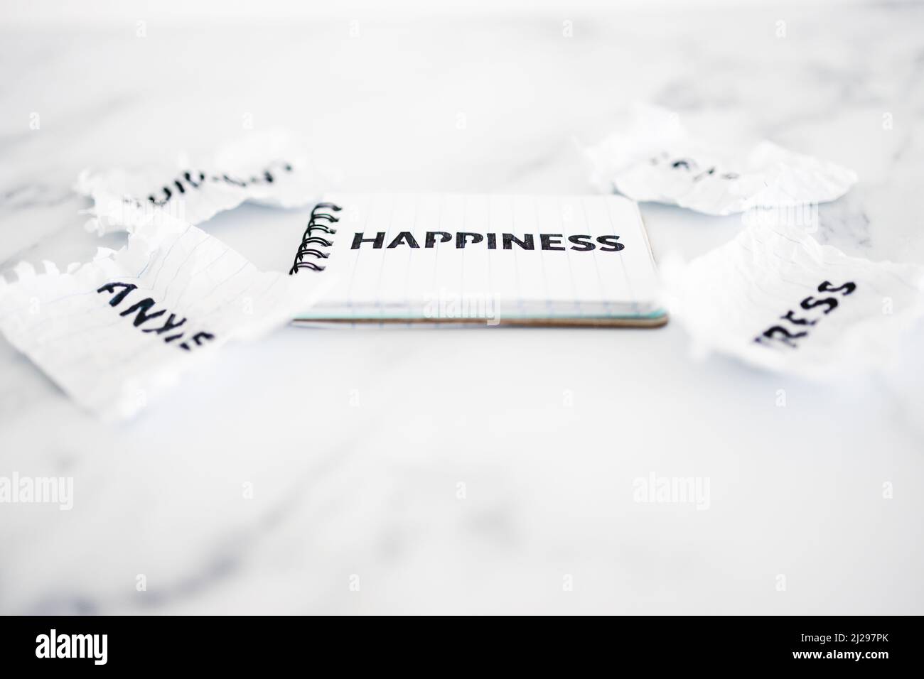 Happiness text on notepad surrounded by Fear Anxiety Stress and Burnout ...