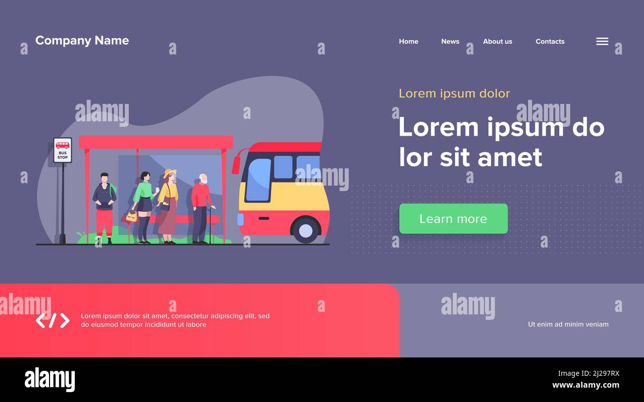 Passengers waiting for public transport at bus stop flat vector ...