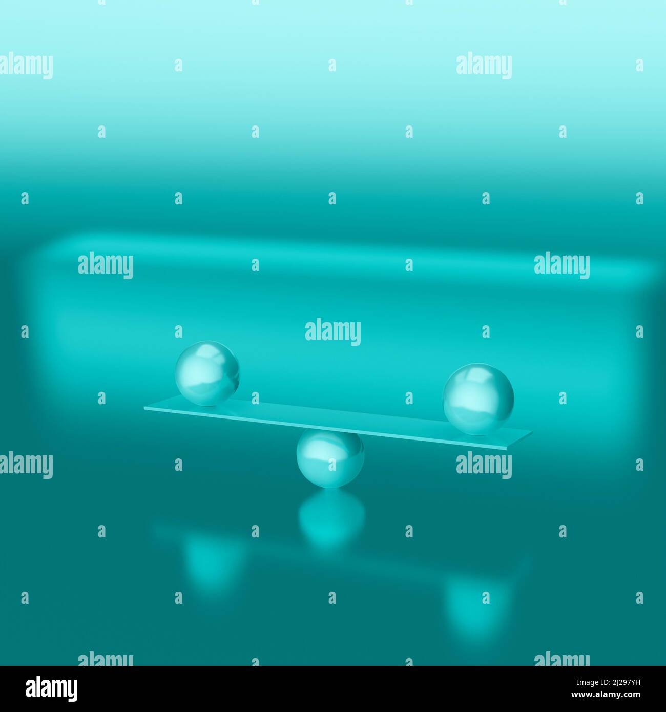 3d rendering of glossy teal balls perfectly ba;nced. isolated on shiny ...
