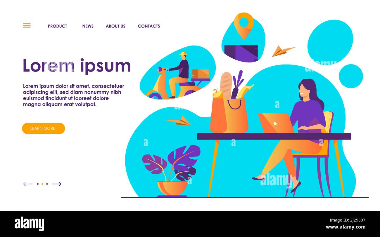 Cartoon woman with laptop ordering food online. Courier riding ...