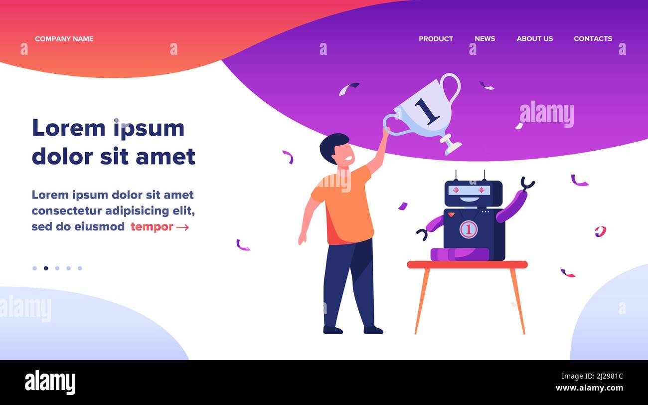 Child getting award for robot flat vector illustration. Cartoon young ...