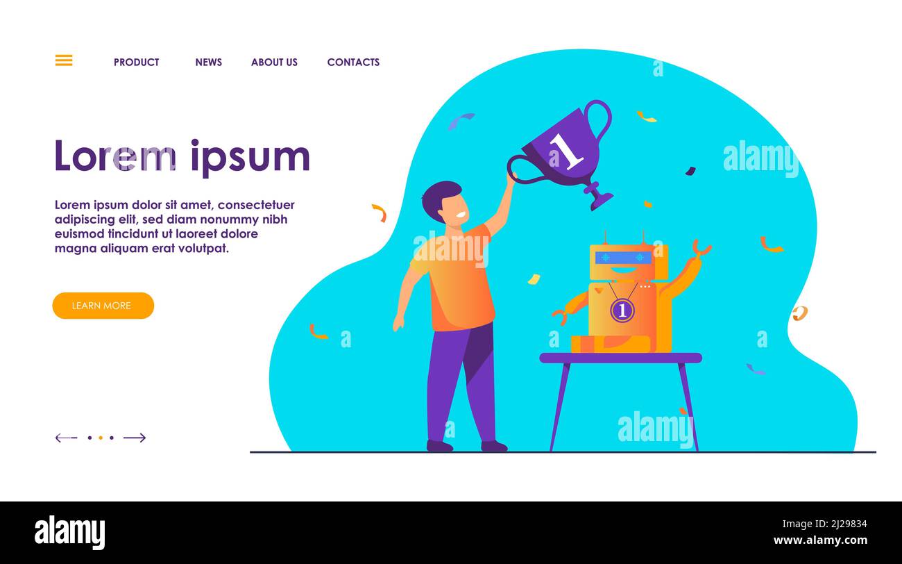 Child getting award for robot flat vector illustration. Cartoon young ...