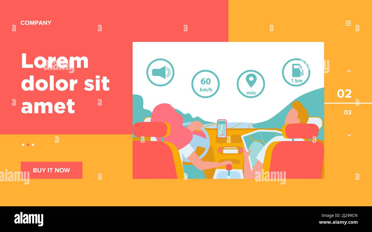 Driver and passenger navigating on road within map and mobile app. Back ...