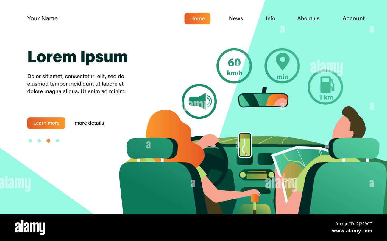Driver and passenger navigating on road within map and mobile app. Back ...