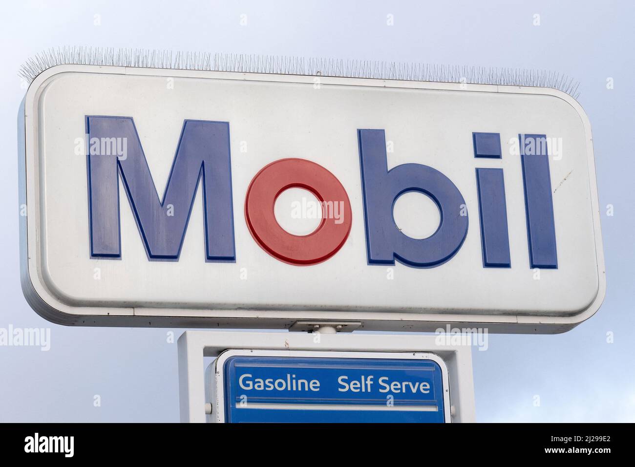 A shop sign of MOBIL, on March 28 2022 in Los Angeles CA, USA. Photo by ...