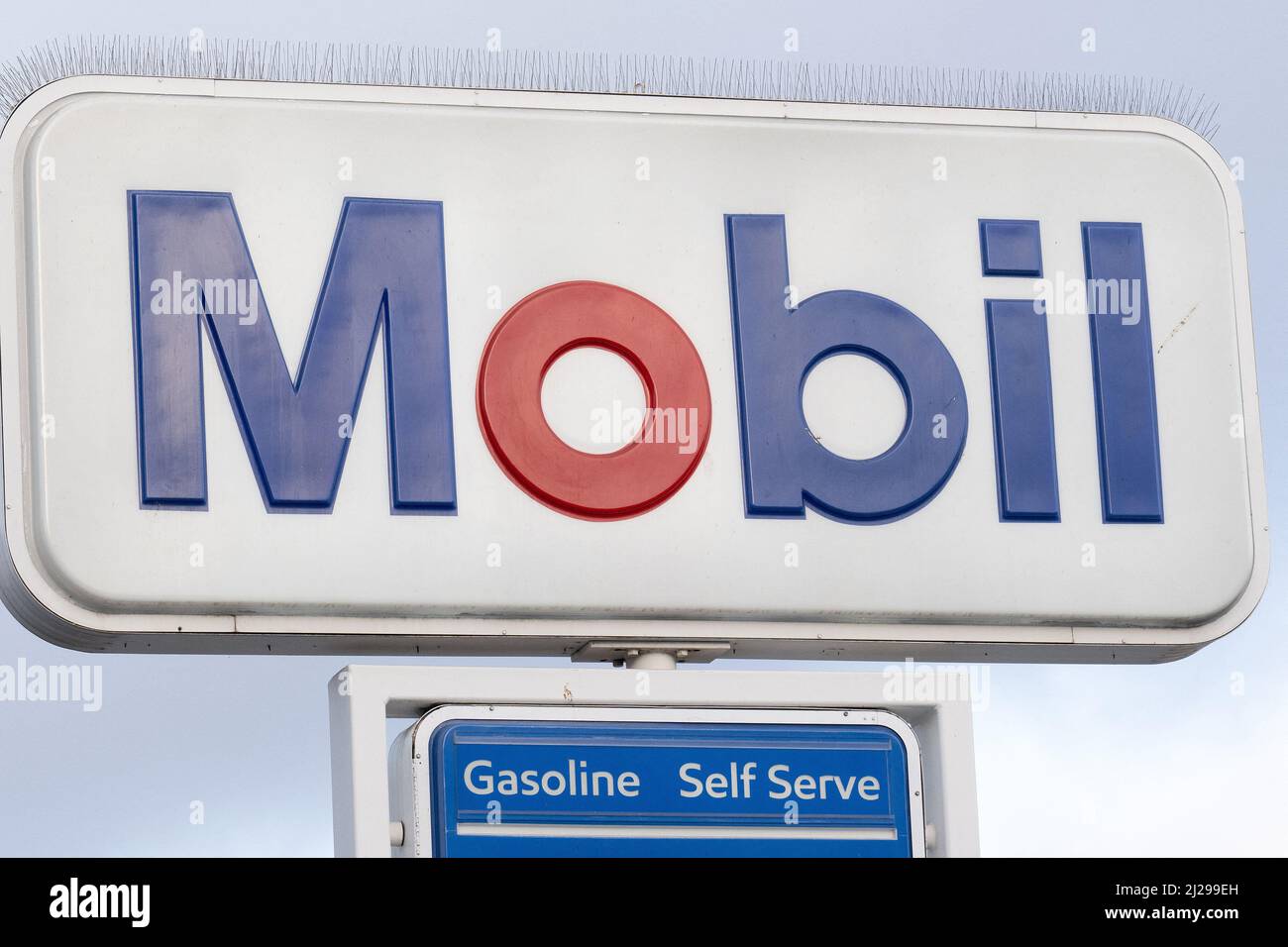 A shop sign of MOBIL, on March 28 2022 in Los Angeles CA, USA. Photo by ...