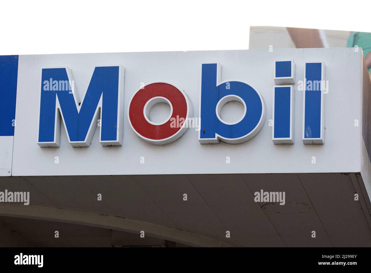 A shop sign of MOBIL, on March 28 2022 in Los Angeles CA, USA. Photo by ...