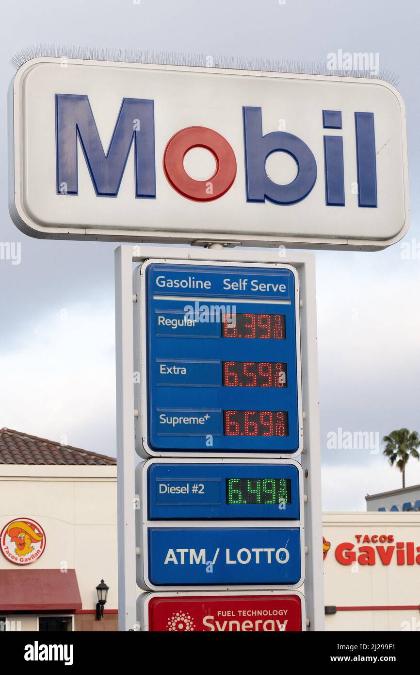 A shop sign of MOBIL, on March 28 2022 in Los Angeles CA, USA. Photo by ...