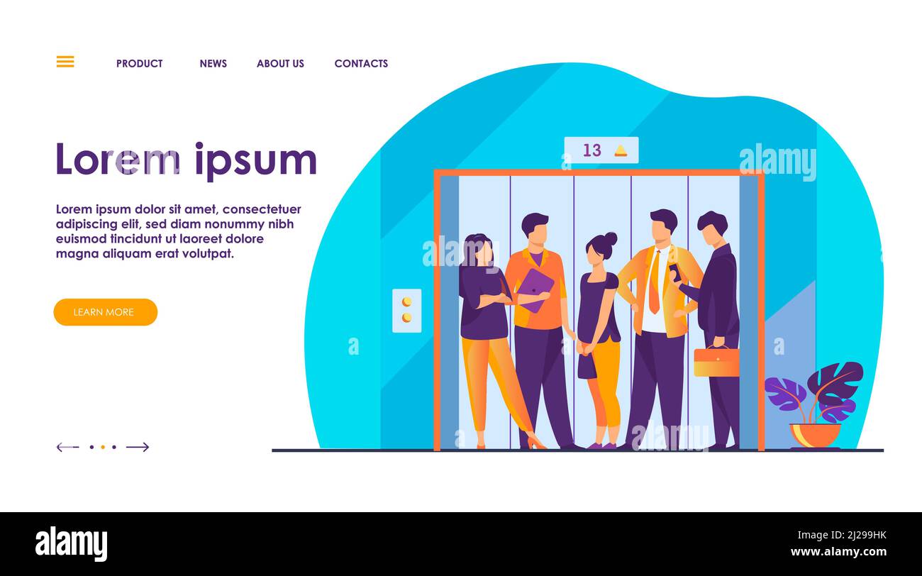 Employees using office building lift. Business people standing inside ...