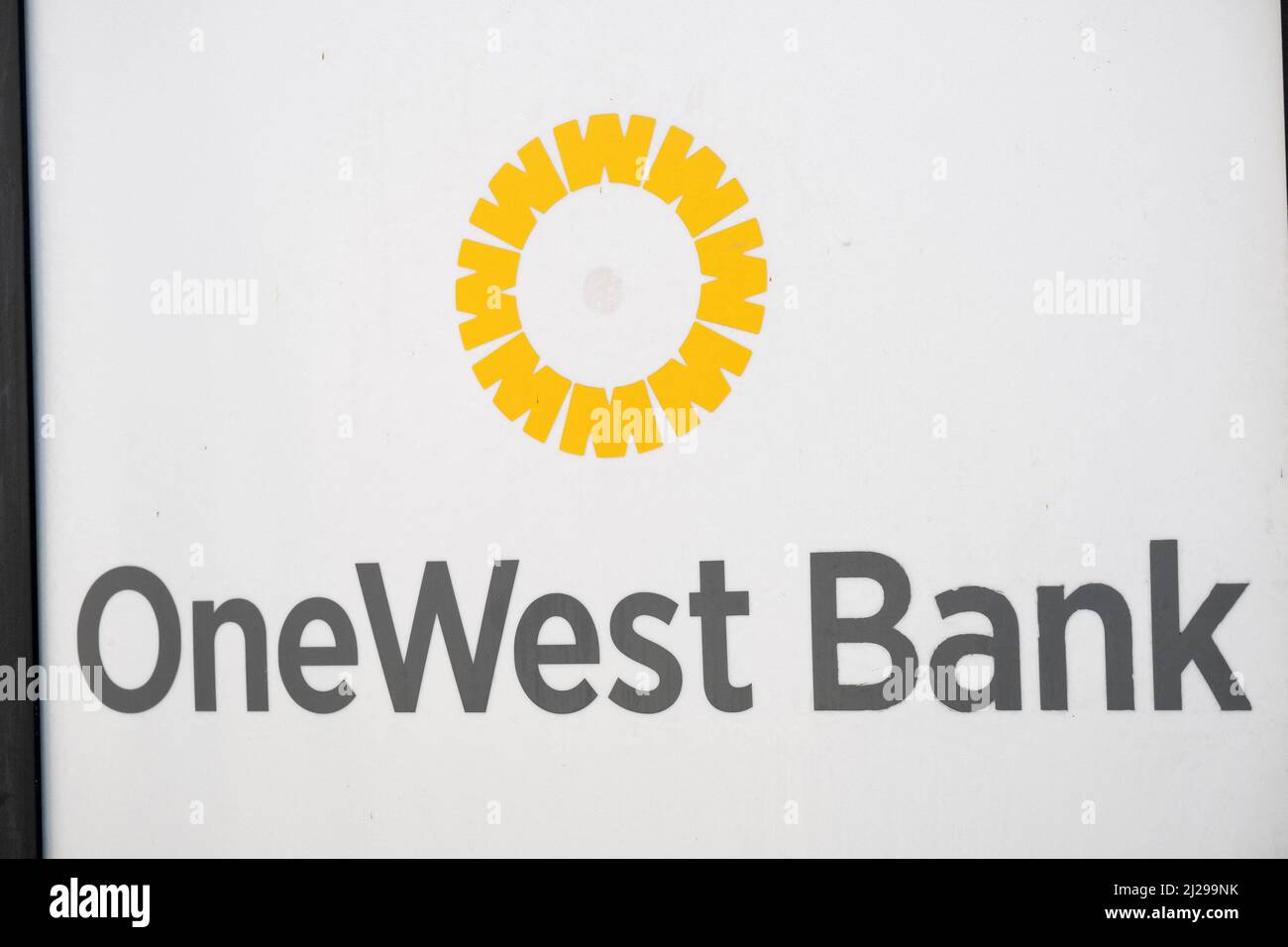 A shop sign of OneWest Bank, on March 28 2022 in Los Angeles CA, USA ...