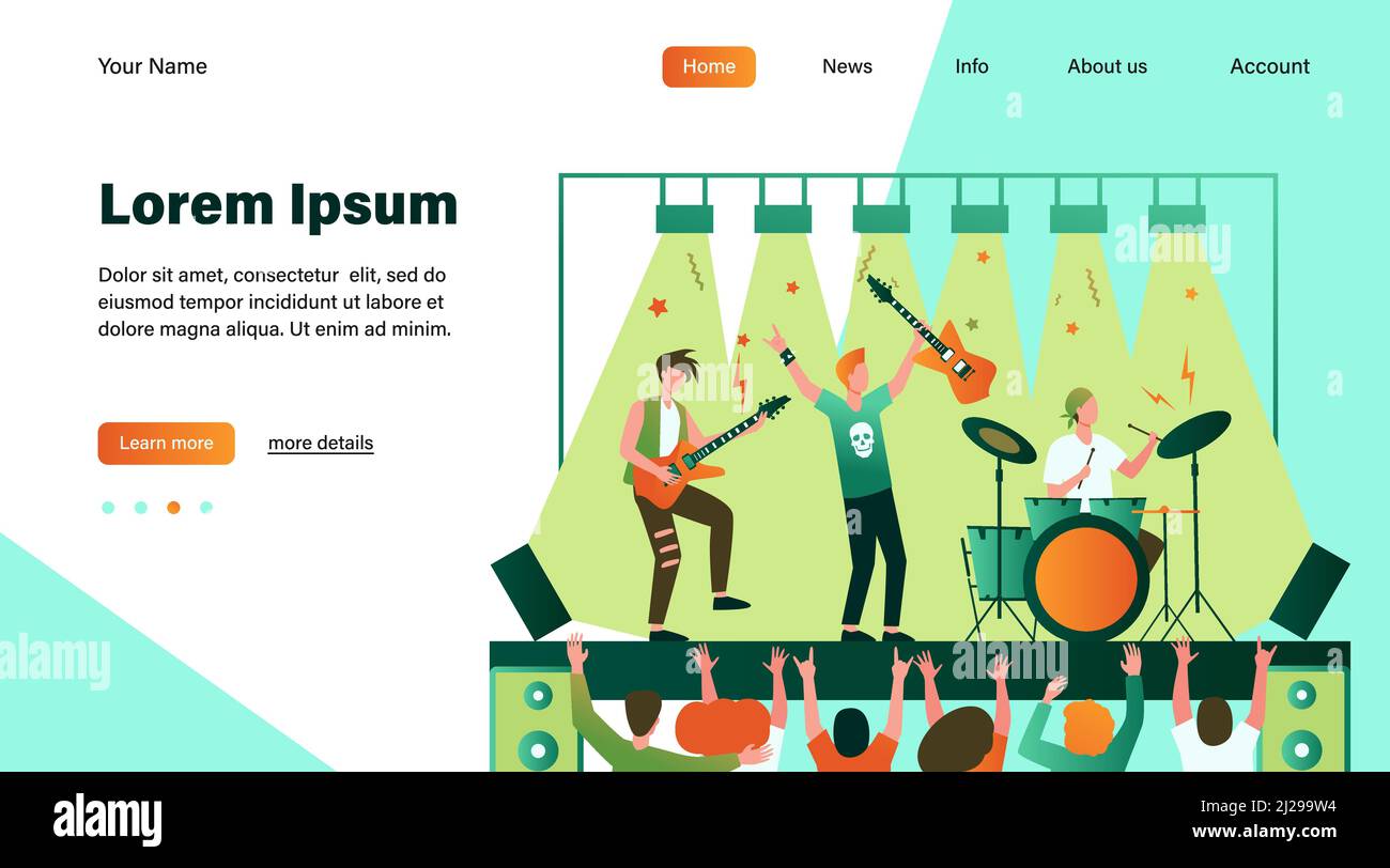 Famous rock band playing music and singing at stage flat vector ...