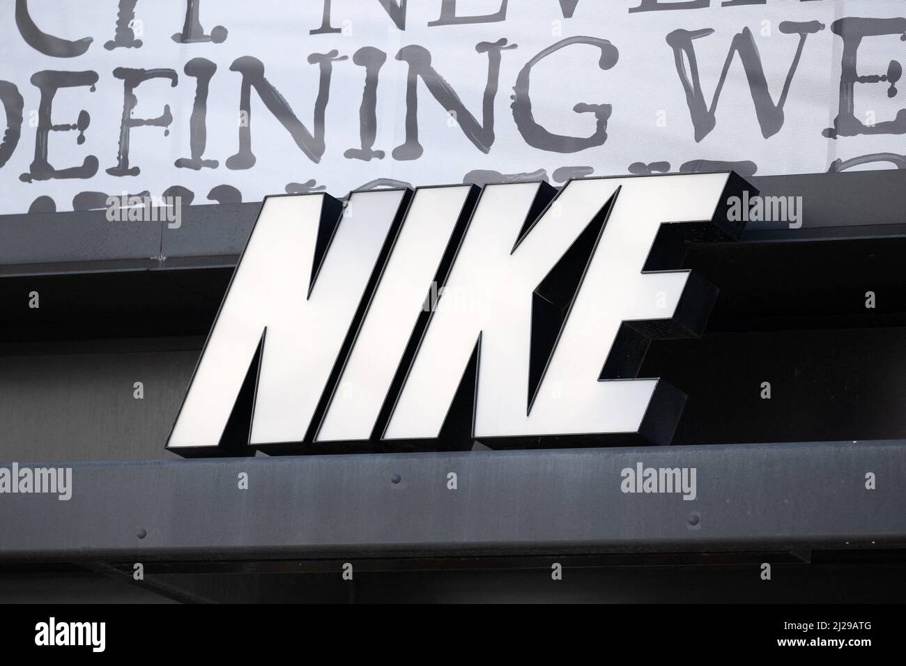A shop sign of NIKE, on March 28 2022 in Los Angeles CA, USA. Photo by ...