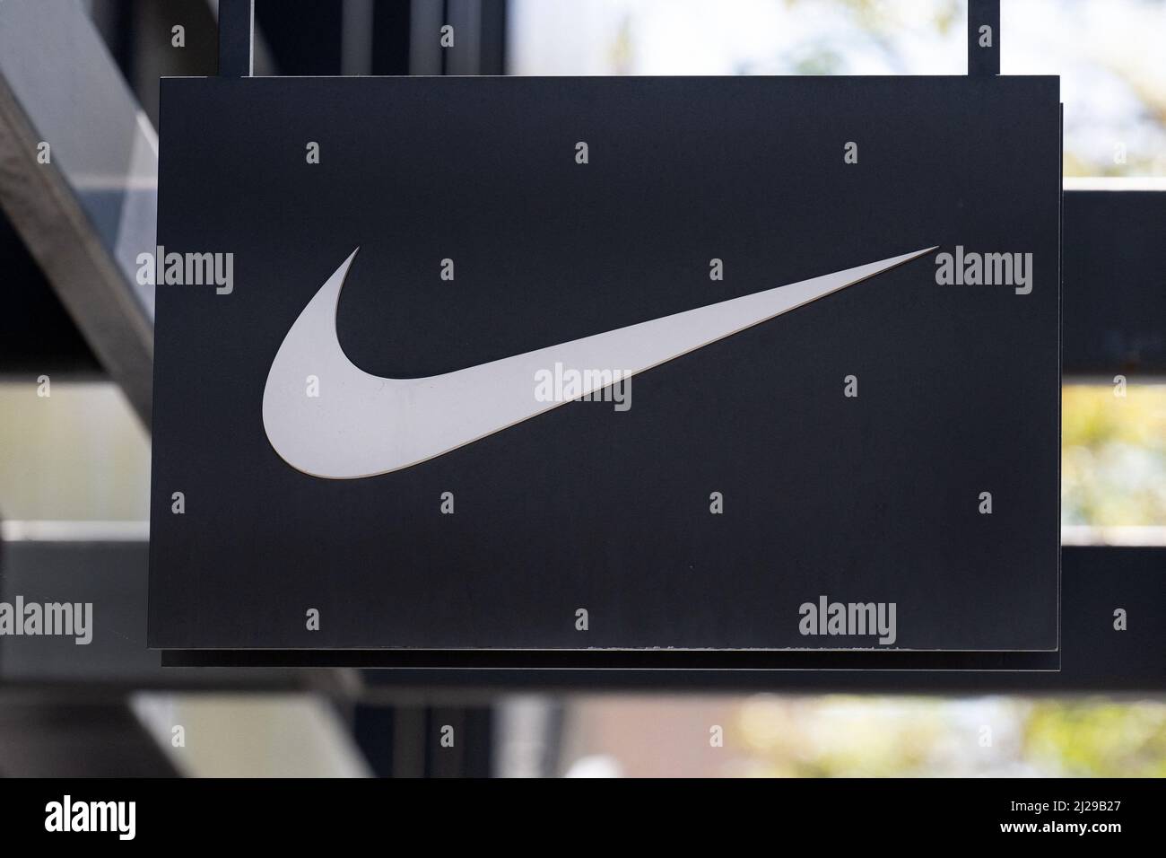 A shop sign of NIKE, on March 28 2022 in Los Angeles CA, USA. Photo by ...