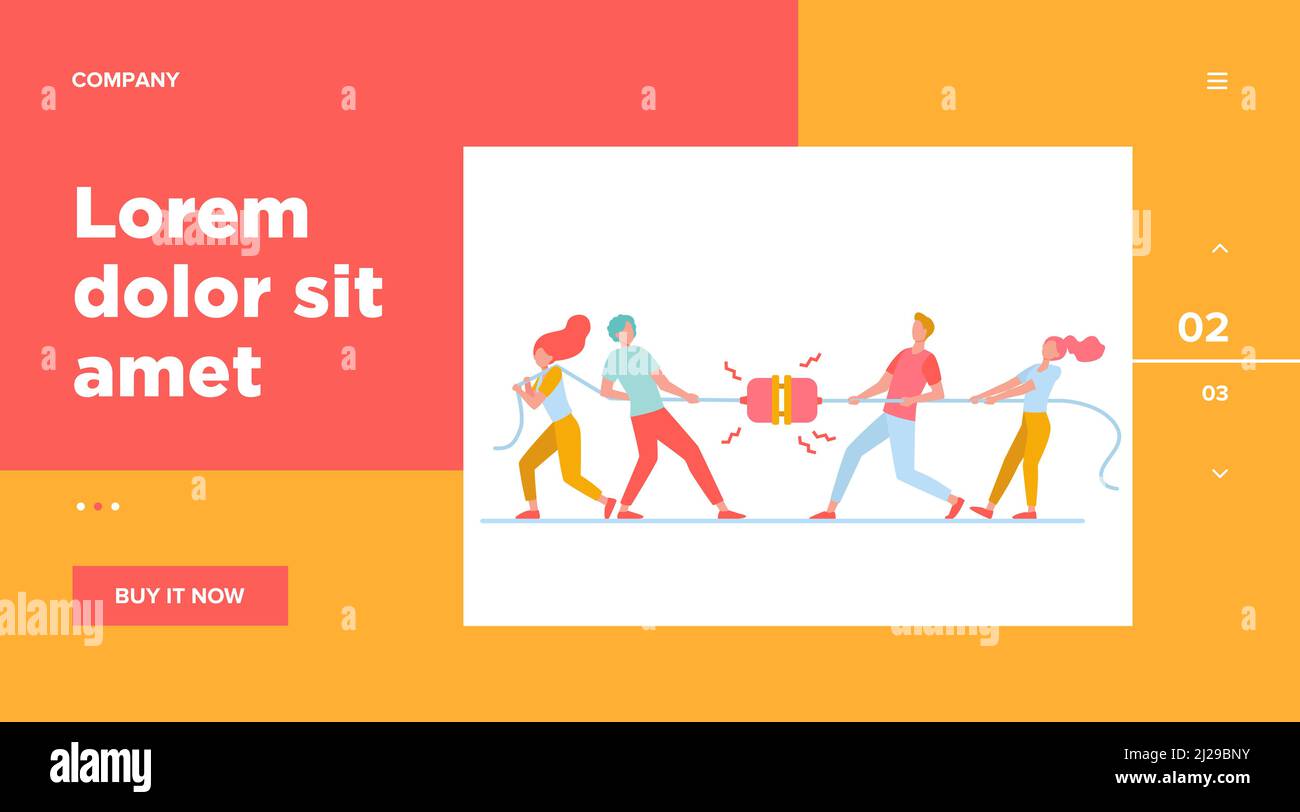 Groups of people pulling rope in tug of war play. Struggling team ...