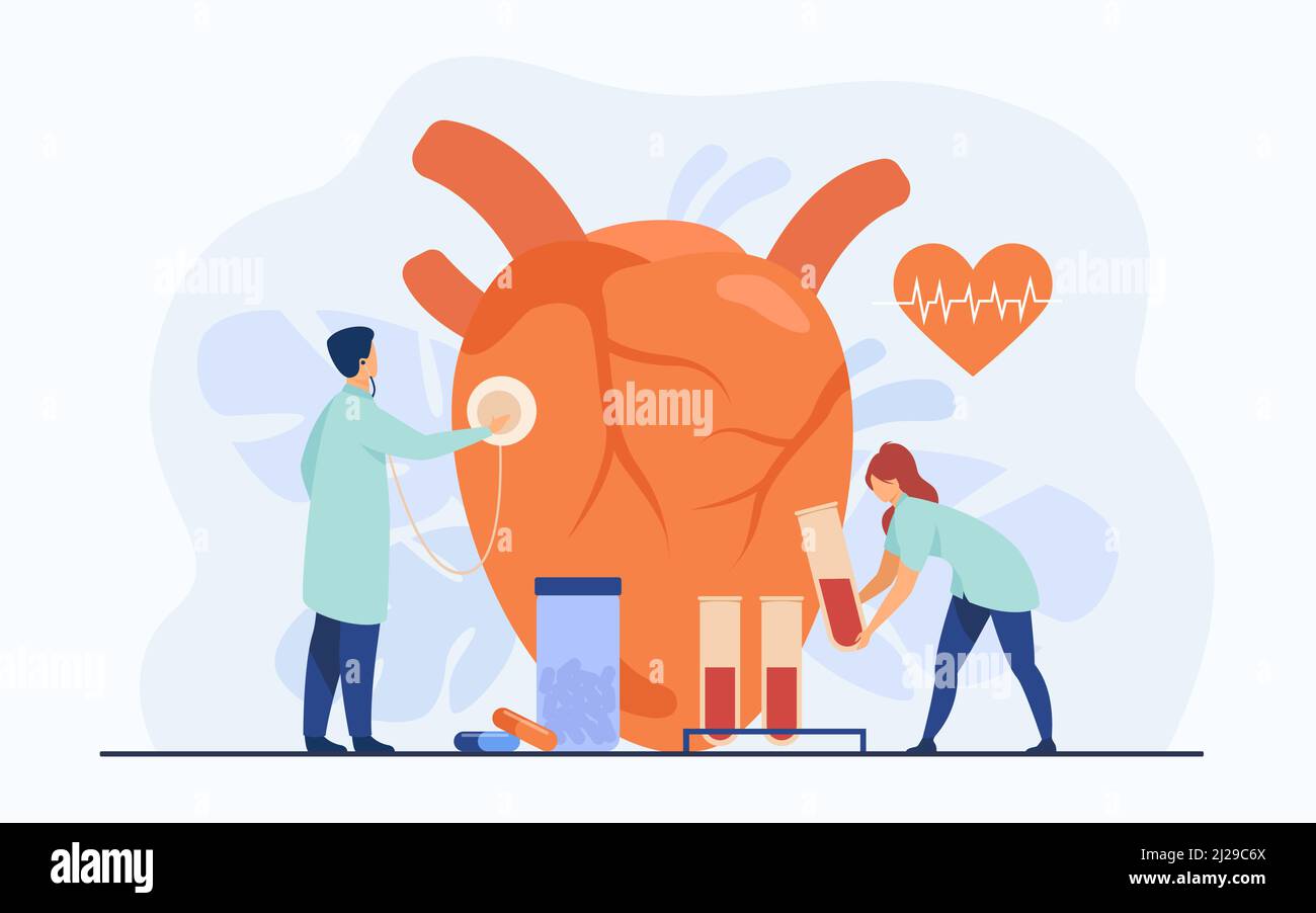 Cardiologists examining heart with stethoscope and blood samples in lab ...