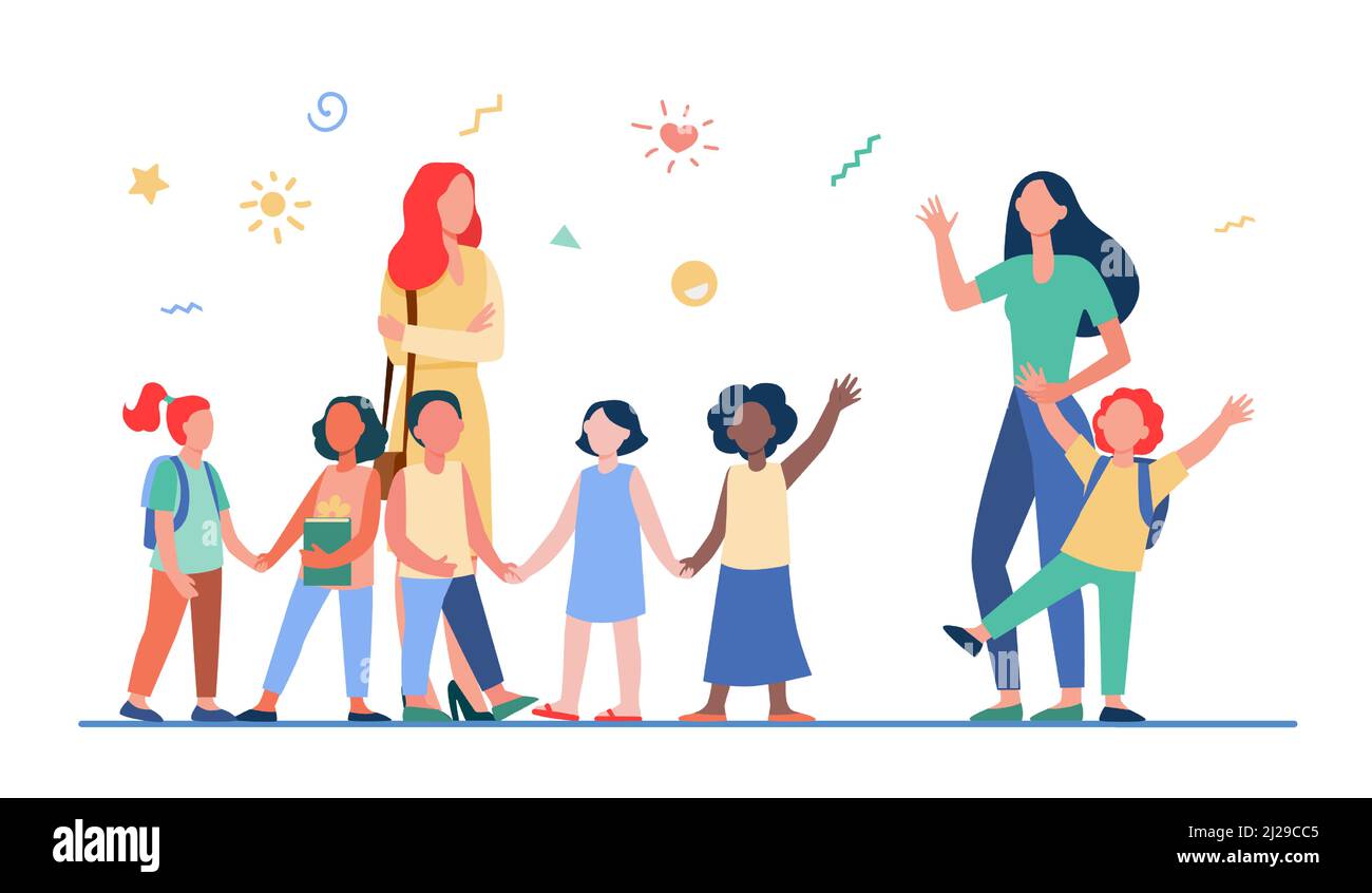 Classmates meeting at school. Mom leading son, group of school children ...