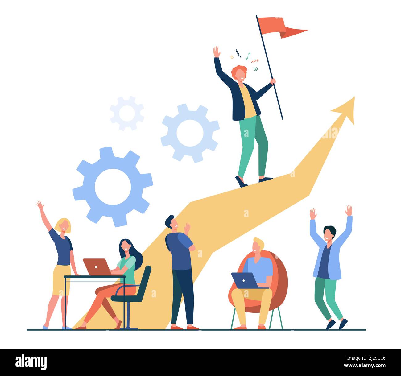 Business leader standing on arrow and holding flag flat vector ...