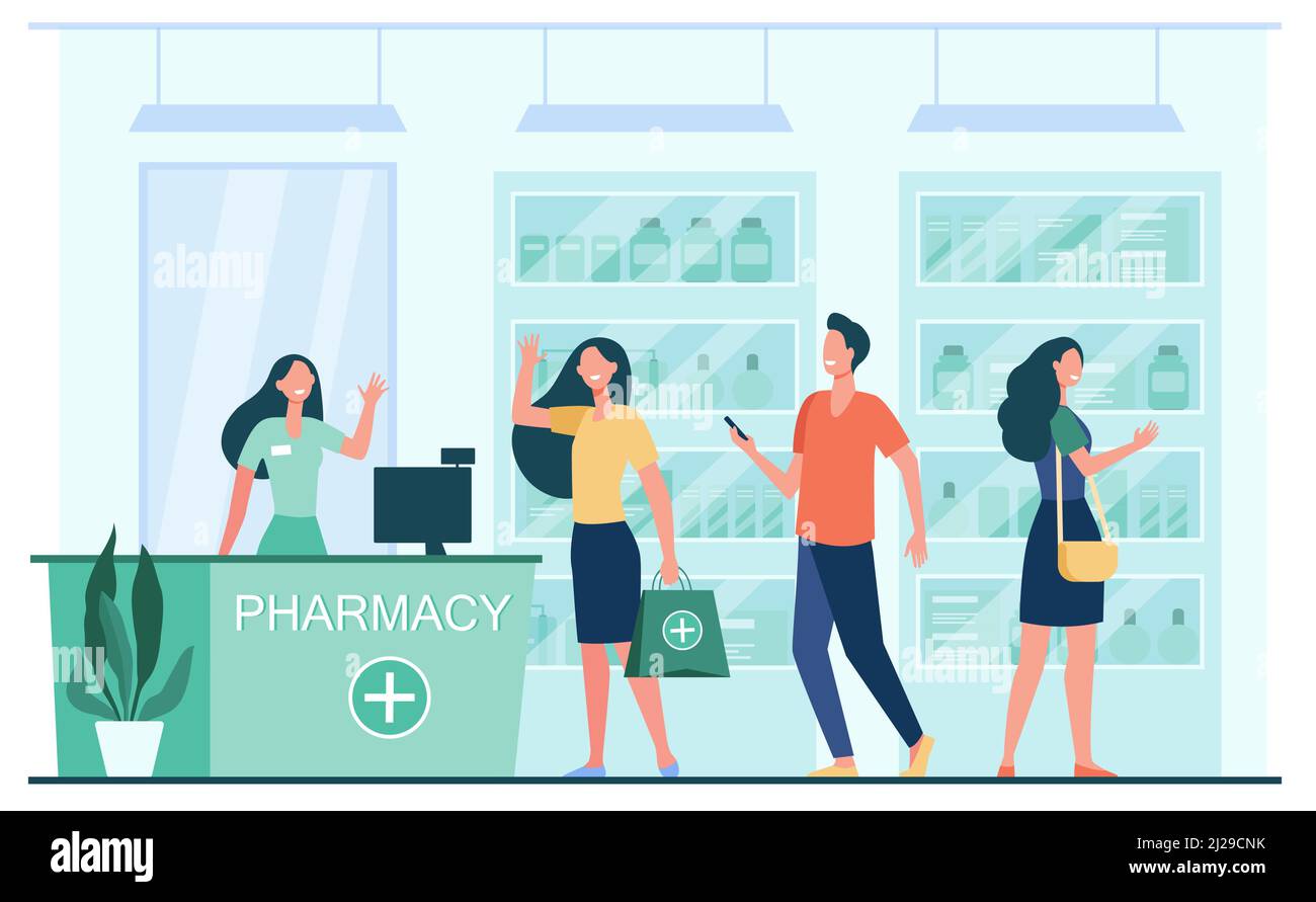 Customers and pharmacist in pharmacy store. People buying medication in ...