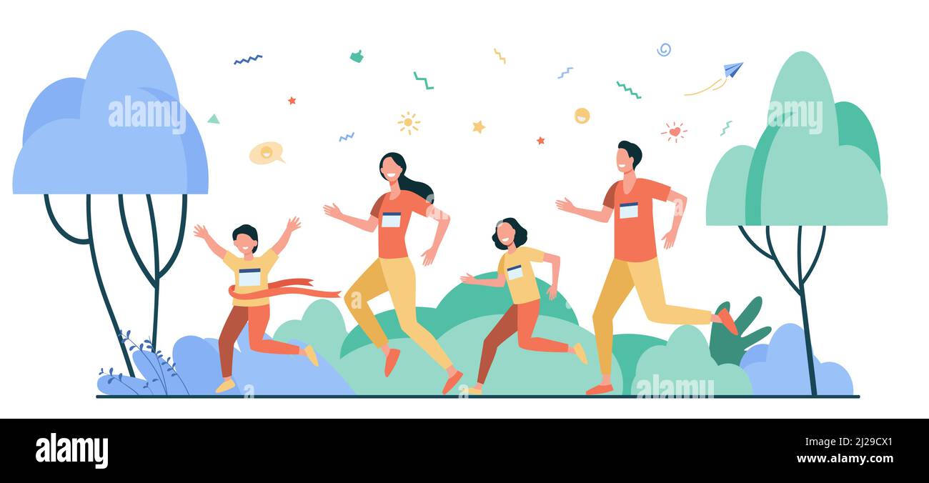 Dad, mom and kids running together in park isolated flat vector ...